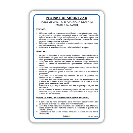INF103 - Cartello "Norme di sicurezza - norme generali di prevenzione infortuni fabbri e ...